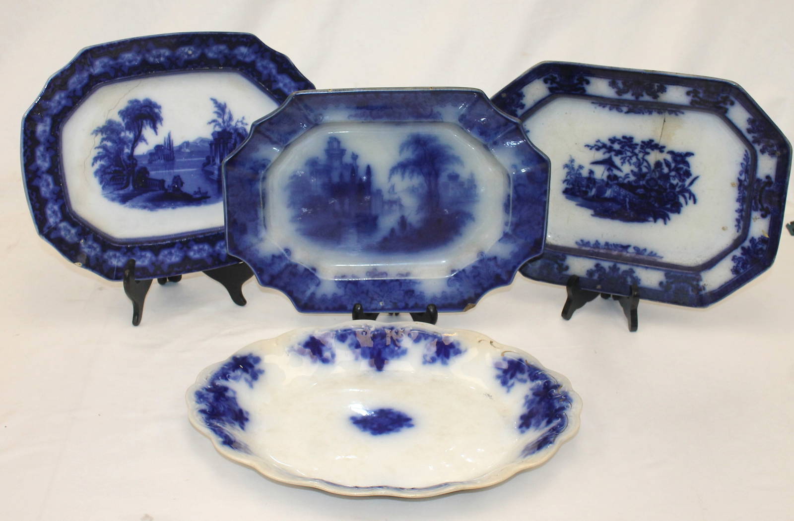 Lot Of 4 Flow Blue Platters Incl Davenport Amoy 13 1/2"x10 1/2"; Thomas ...