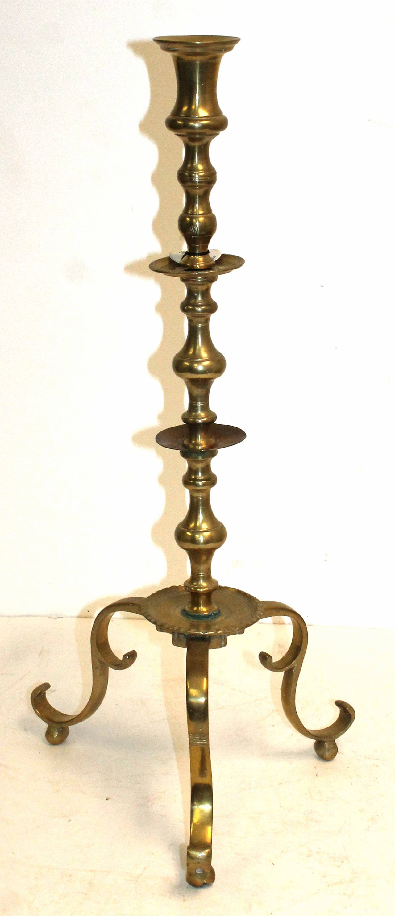 Very Tall Antique Brass Candlestick On Tripod Feet - 24" Tall Auction