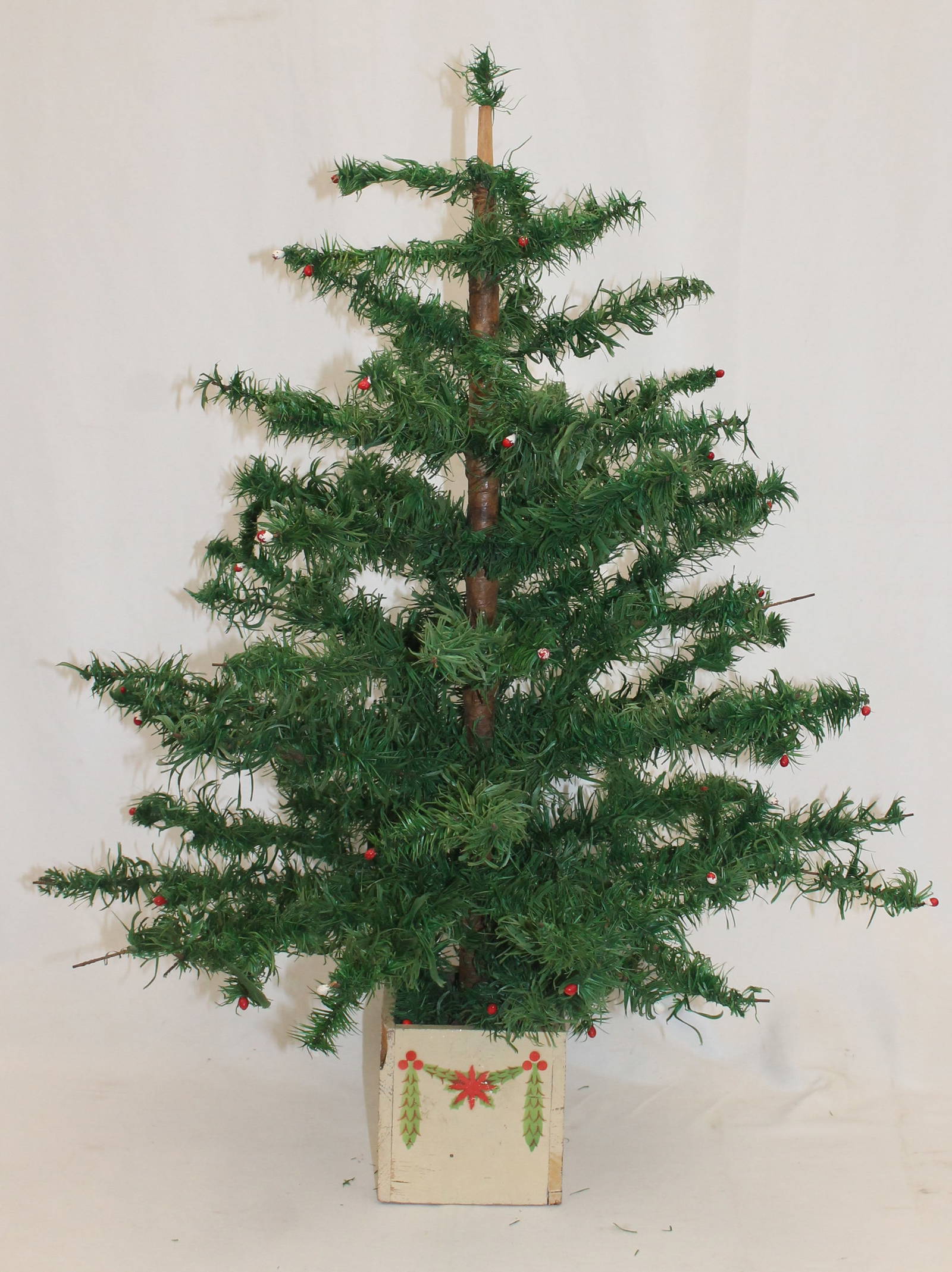 Vintage 30” Tall Feather Tree In Wooden Painted Stand Auction