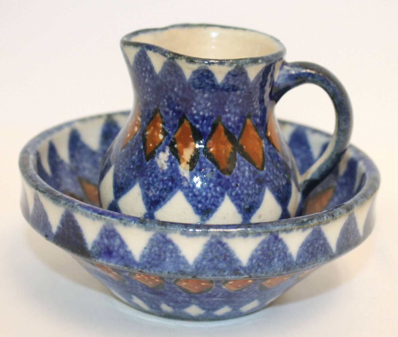 German Miniature Children's Ceramic Pitcher & Bowl Set In Blue, White ...