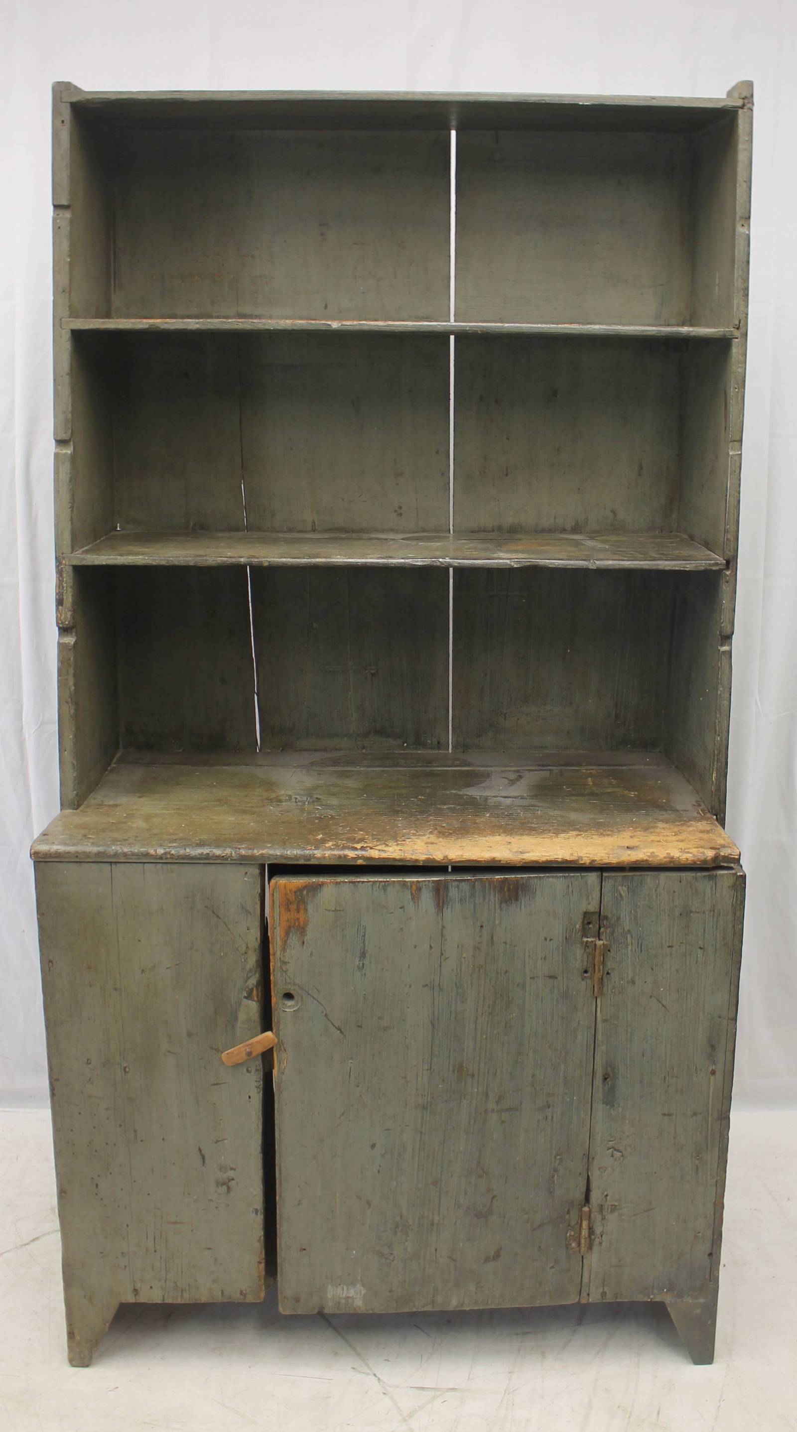 Antique Stepback Cupboard In Green/gray Paint W Canted Sides & 1 Door ...