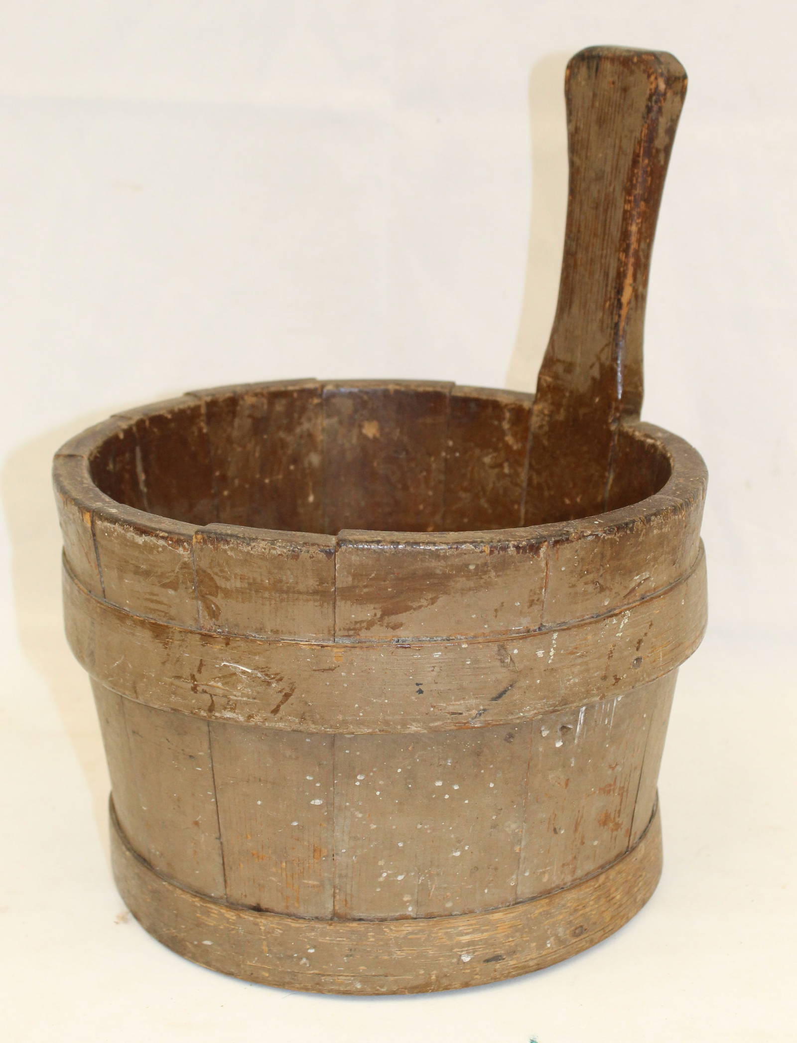 Antique Wooden Staved Piggen In Putty Paint - 12" Tall X 9 1/2" Diam ...