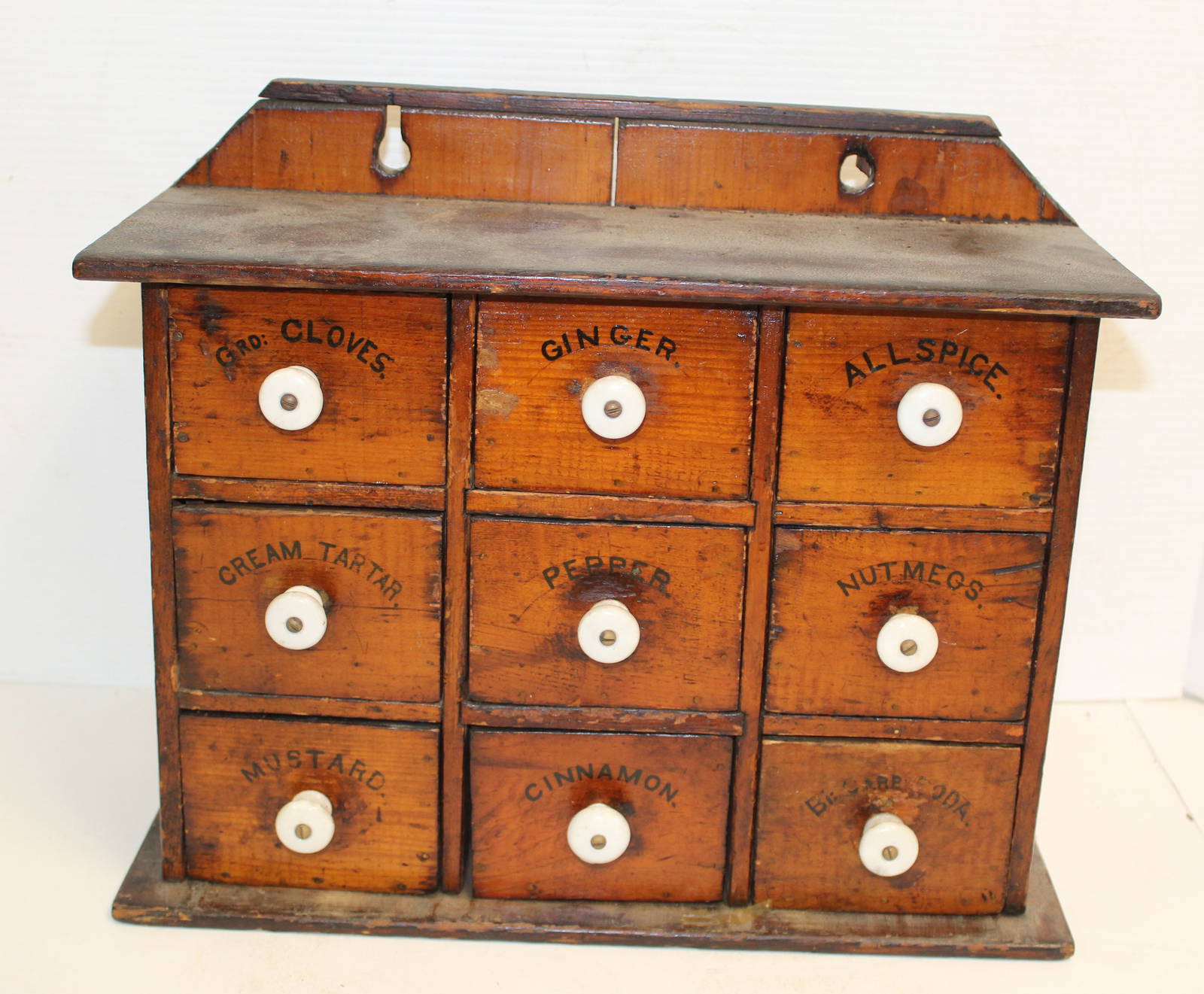 Antique 9 Drawer Spice Chest W Porcelain Knobs & Stenciled Labels On ...