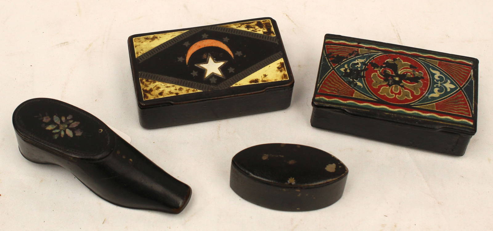 Lot Of 4 Small Decorated Snuff Boxes Incl Shoe Form W Mop Auction