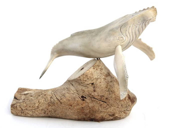 Carved Whale Bone Whale On Stump 8" Long X 7" Tal