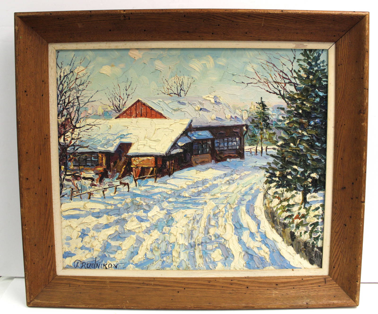 Signed J. Rudnikov Oil On Board Winter Scene W Barn - Overall Framed ...