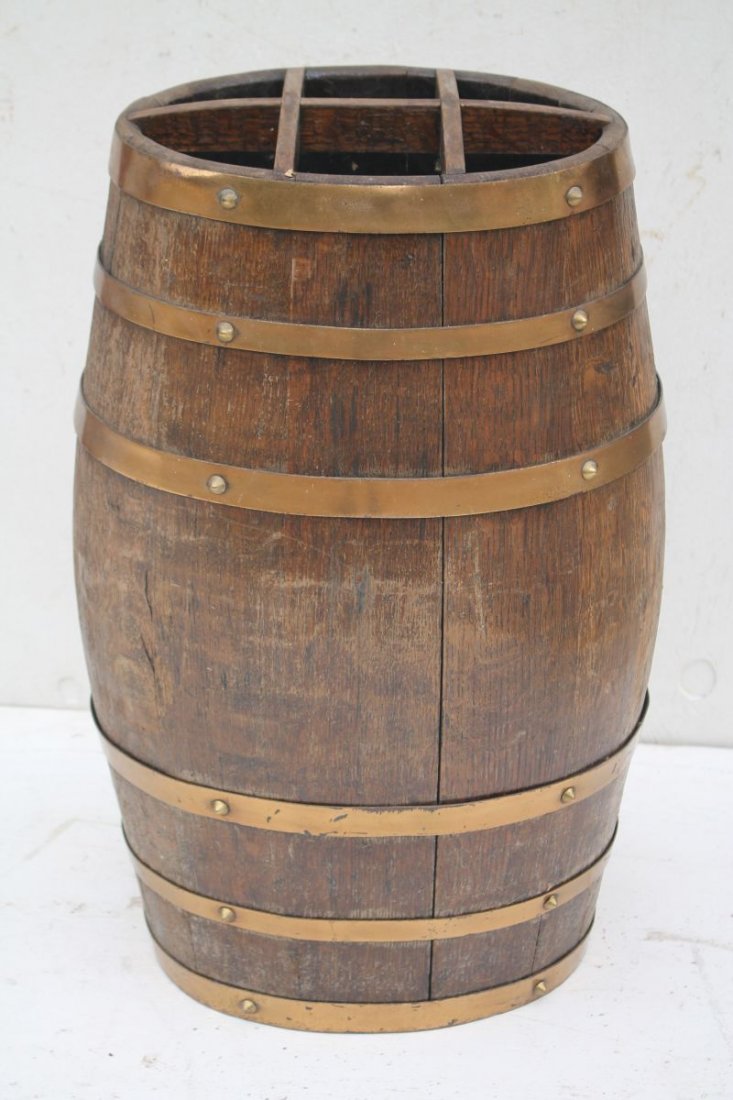 Antique Oak Brass Bound Keg Form Umbrella Or Cane Stand