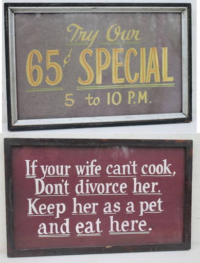 Lot Of 2 Antique Restaurant Signs Ca 1930's Featuring