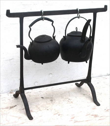 Early Iron Fireplace Kettle Stand W 2 Cast Iron Kettles