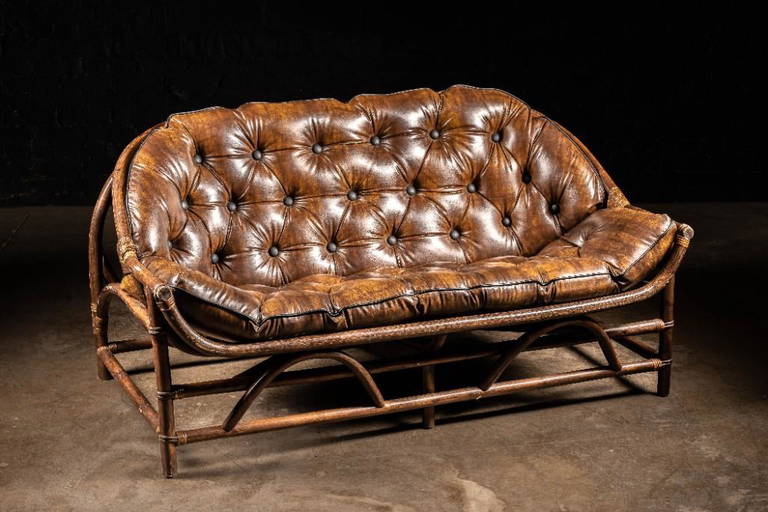 Vintage Naugahyde Rattan Sofa