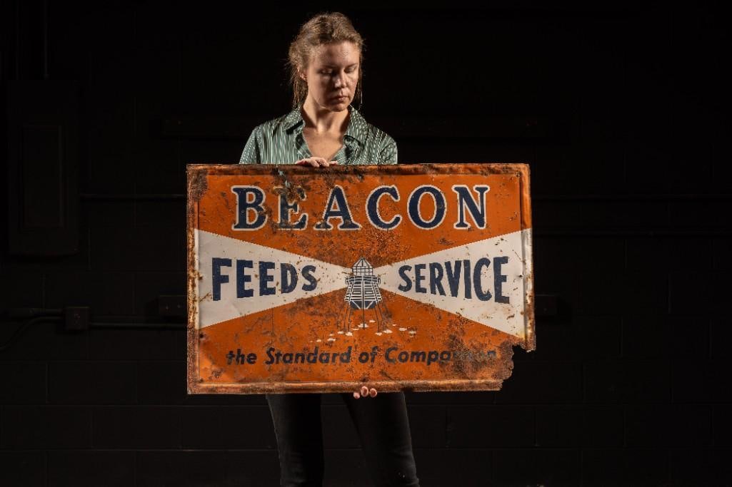Antique Tin Litho Beacon Feeds Sst Sign Auction