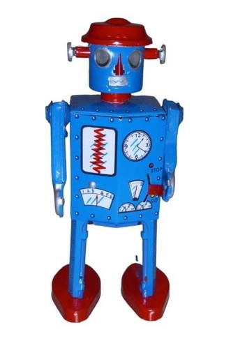 Atomic Robot Man Schylling Blue Key Box Coa 1997 Wind Up Walking 5" Tin Toy