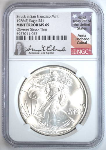 1986 (s) Mint Error Silver Eagle Ngc Ms 69 (obverse Struck Thru) Anna Cabral Signed