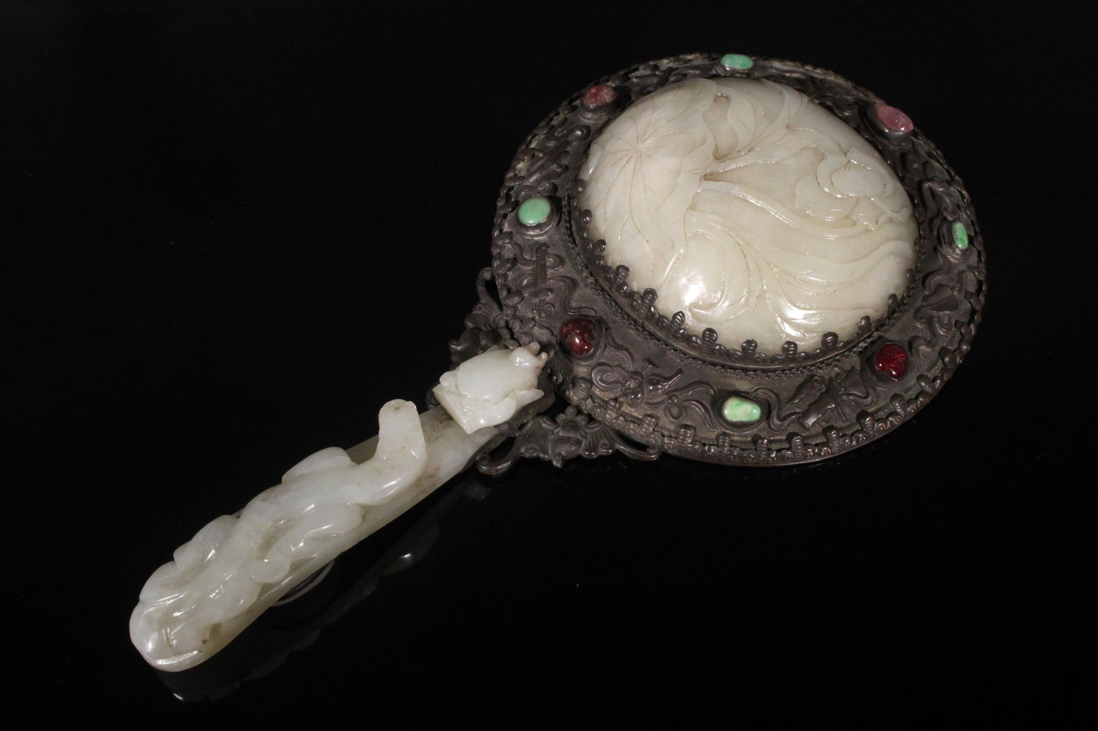 Bronze Hand Mirror With Inlaid Jade And Stones And A Jade Handle,qing ...
