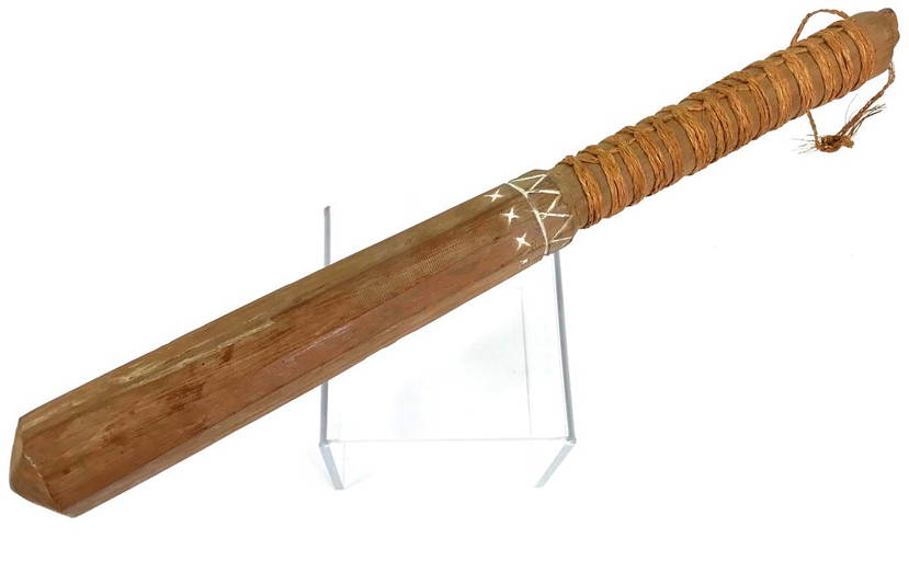 Samoan Throwing Club. Carved Wood, Fiber, Lime Infil