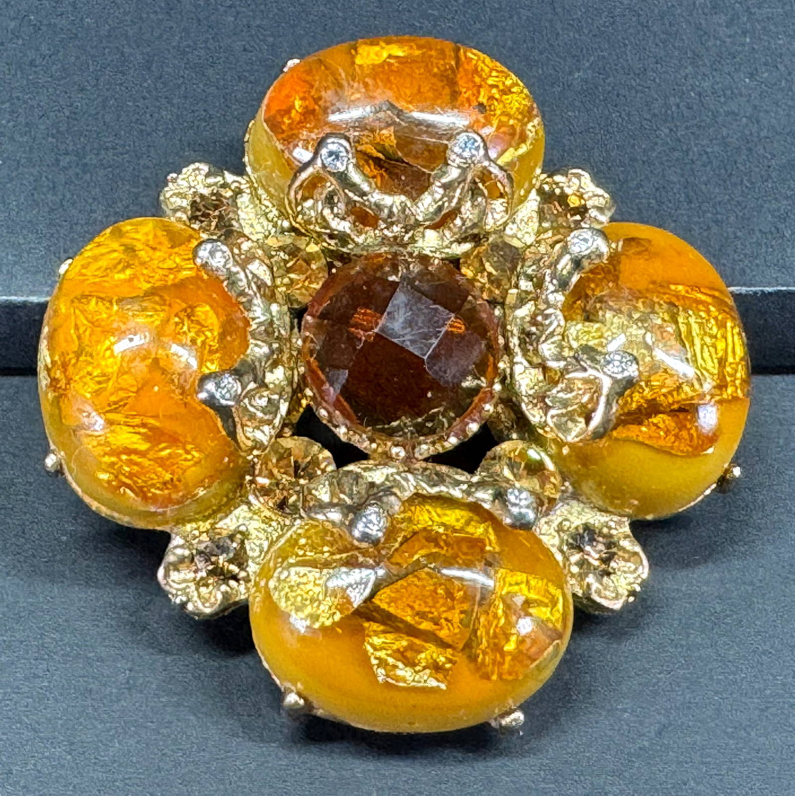 Vintage Amber Color Crystals And Foil Inlaid Resin Cabs Setting In ...
