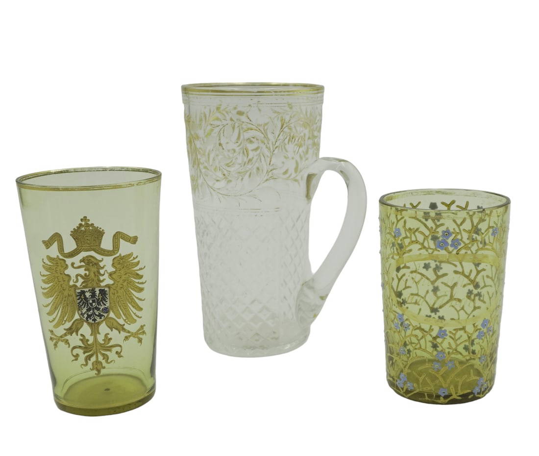 3 Antique Bohemian / Russian Enameled Glasses Auction