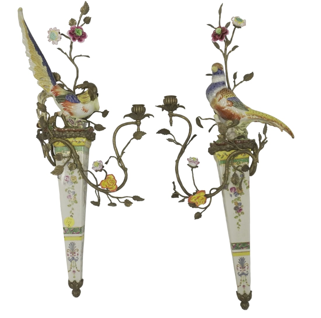 Pair Of Castilian Porcelain & Gilt Bird Sconces Auction