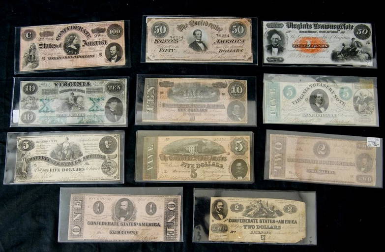 Collection Of 11 Confederate Paper Currency Notes