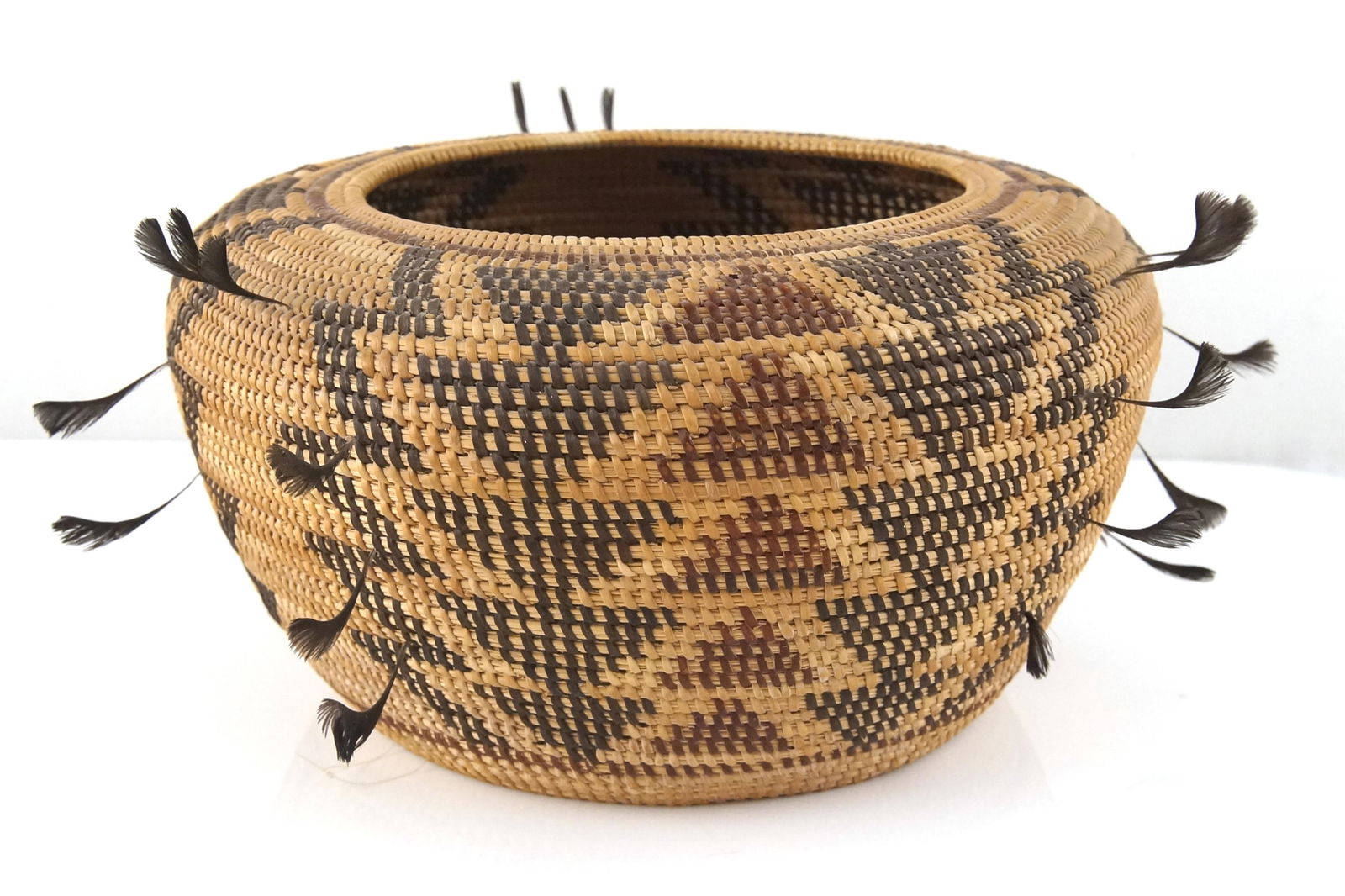 Polychrome Maidu Basket With Quail Feathers