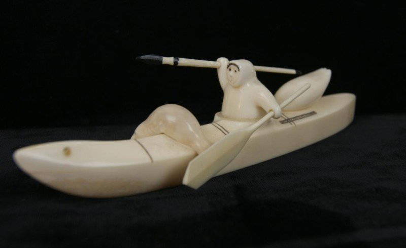 Paul Nattanguk Ivory Carved Eskimo Boat With Seals