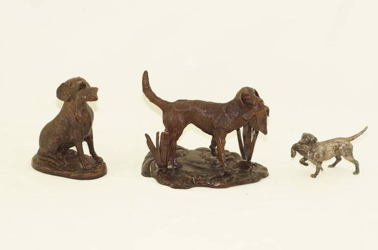 2 Bronze Hunting Dogs + Silver Dog W/ Hallmarks