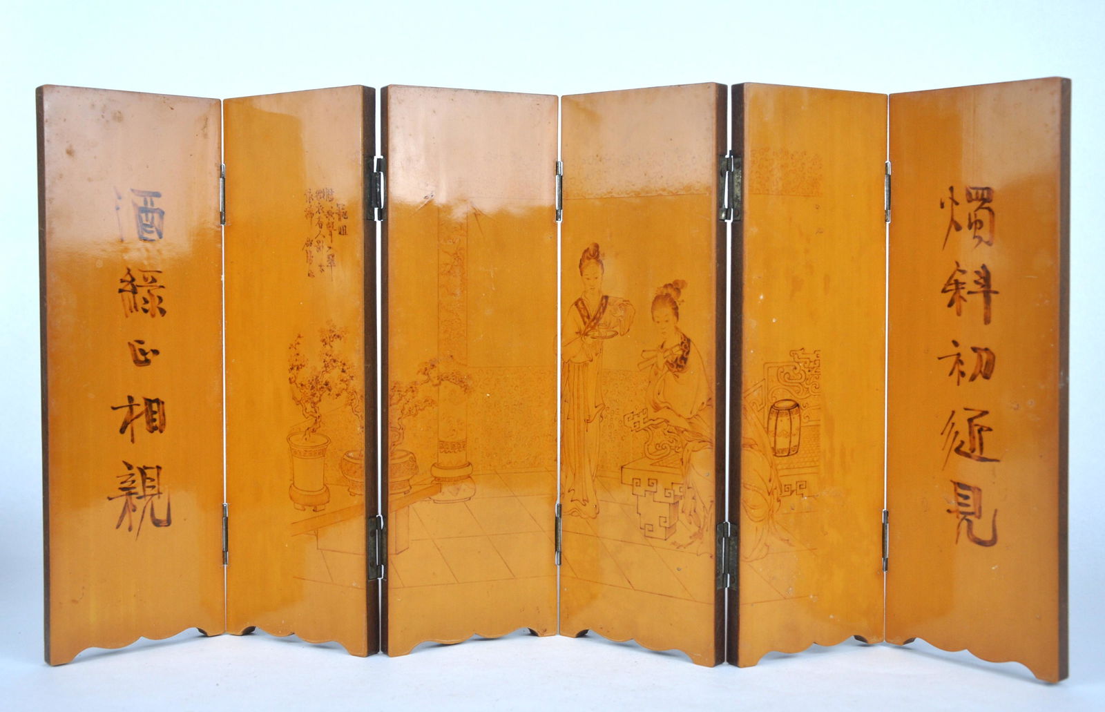 A Small Chinese Pyrography Table Screen, Painted On Bamboo Applied On ...