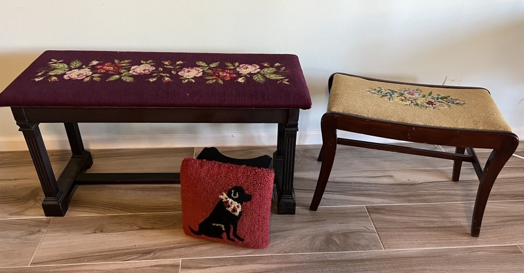(3) Needlepoint Embroidered Stools Auction