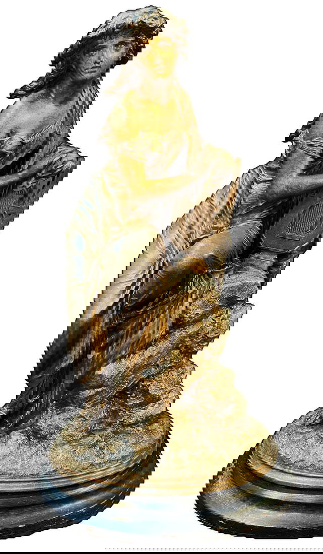 Antique Bronze Statue Of Greek Muse Erato With Lyre On Wooden Pedestal ...