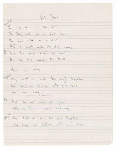 Mick Jagger Handwritten Song Lyrics For War Baby