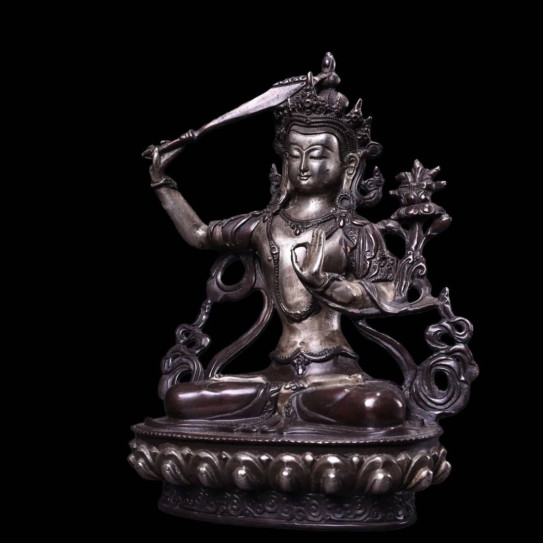 Tibetan Bronze Manjushri Statue Sword Lotus Throne Auction
