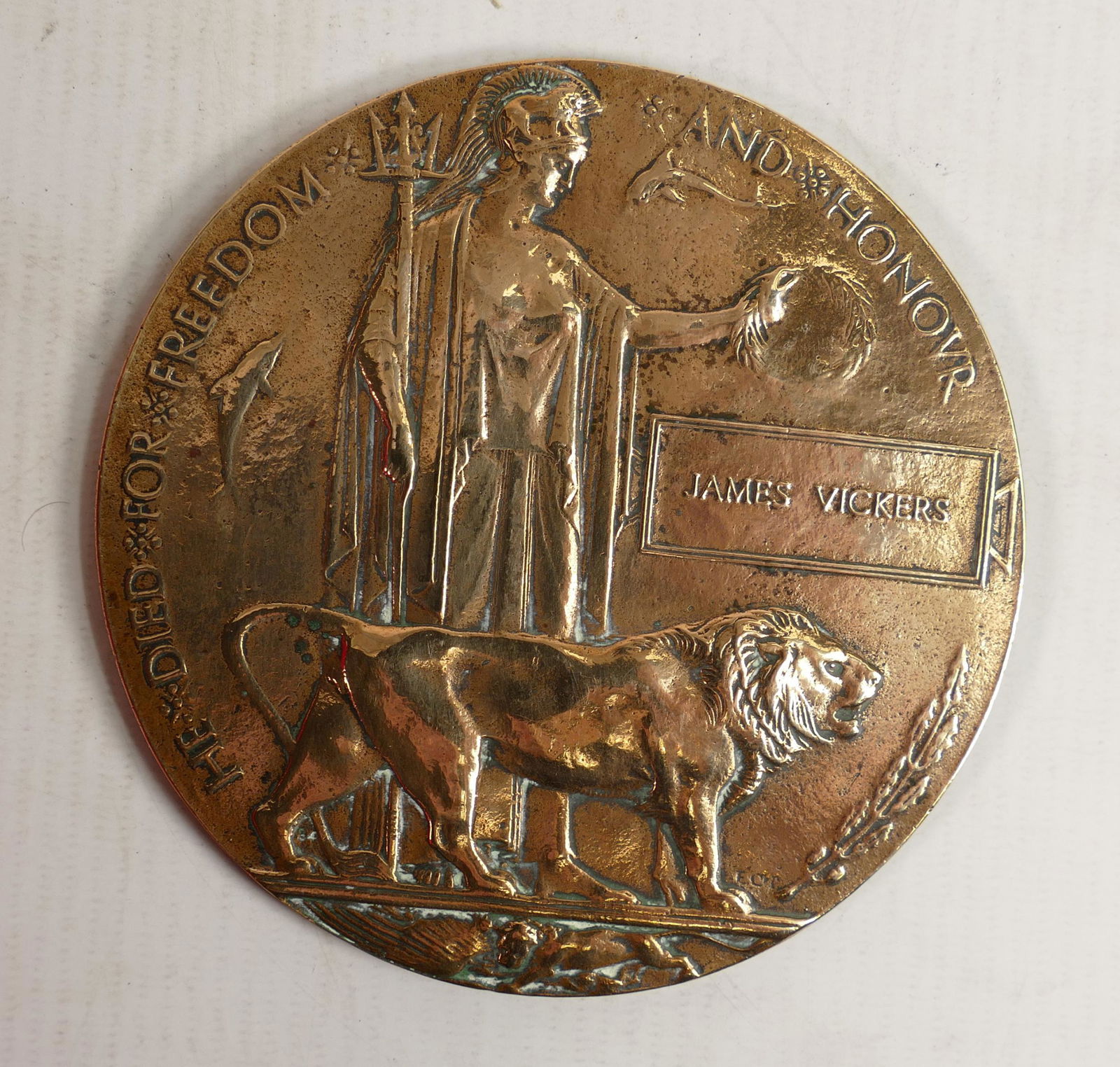 Wwi Bronze Death Penny Or Death Plaque To James Vickers.
