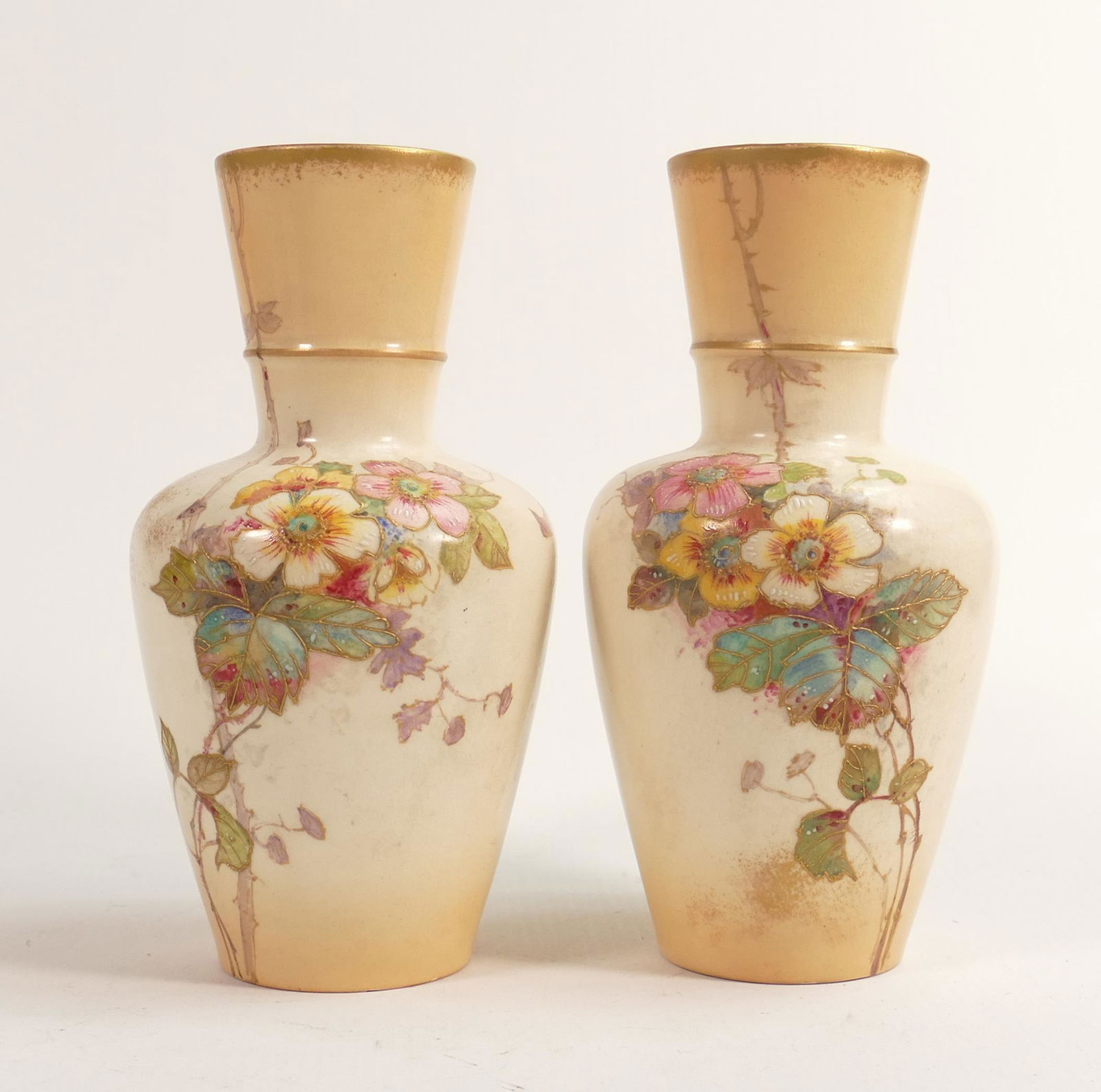 Pair Of Carlton Blush Ware Vases With Floral Decoration, By Wiltshaw ...