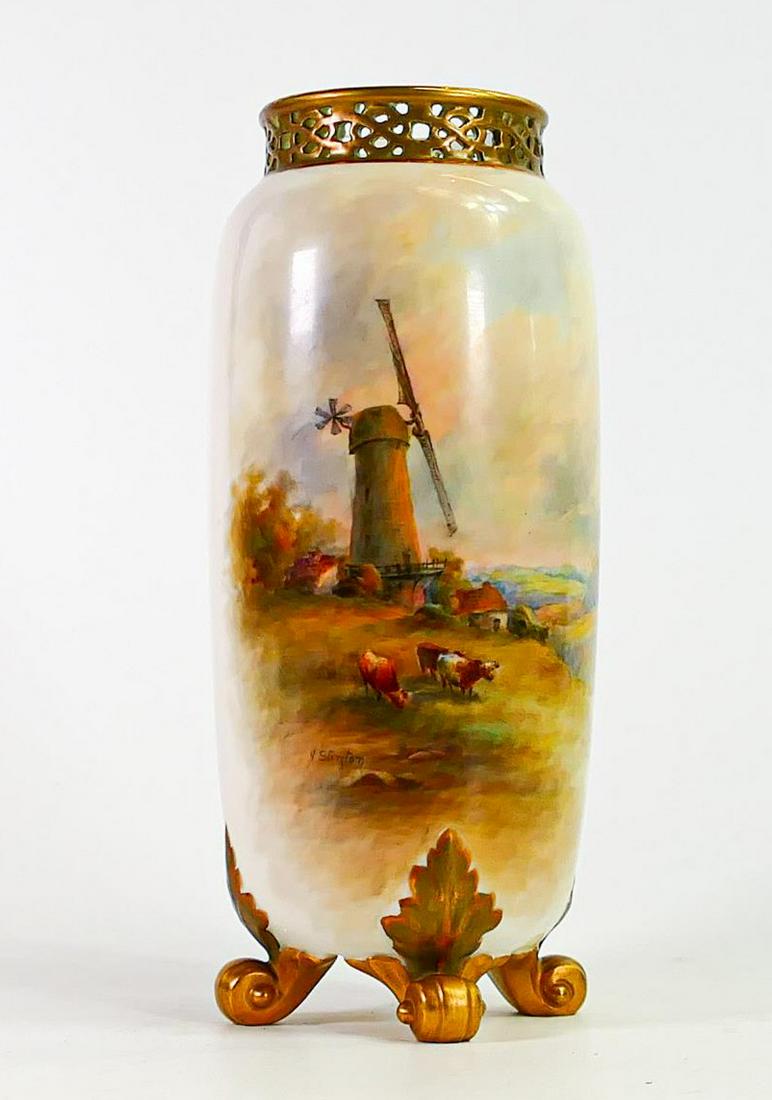Royal Worcester Gilded Vase Decorated With Windmill And Cattle By J ...