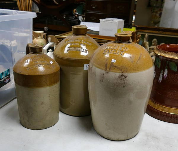 Three Large Stoneware Flagons Including Pauer & Co Hanley, Bennison ...