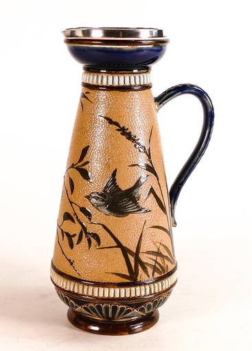 Doulton Lambeth Stoneware Ewer With Hallmarked Silver Rim, Decorated ...