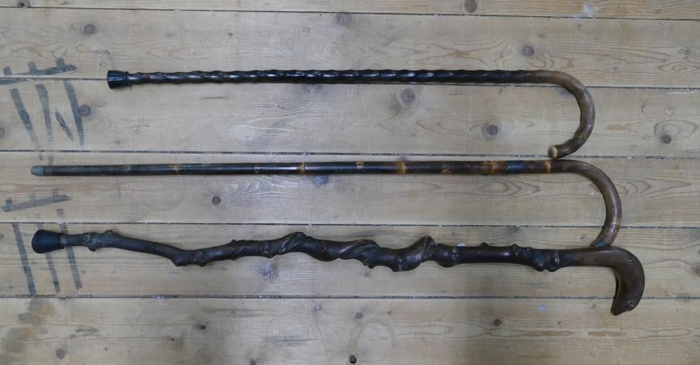 Three Victorian And Later Walking Sticks To Include Gnarled Example ...