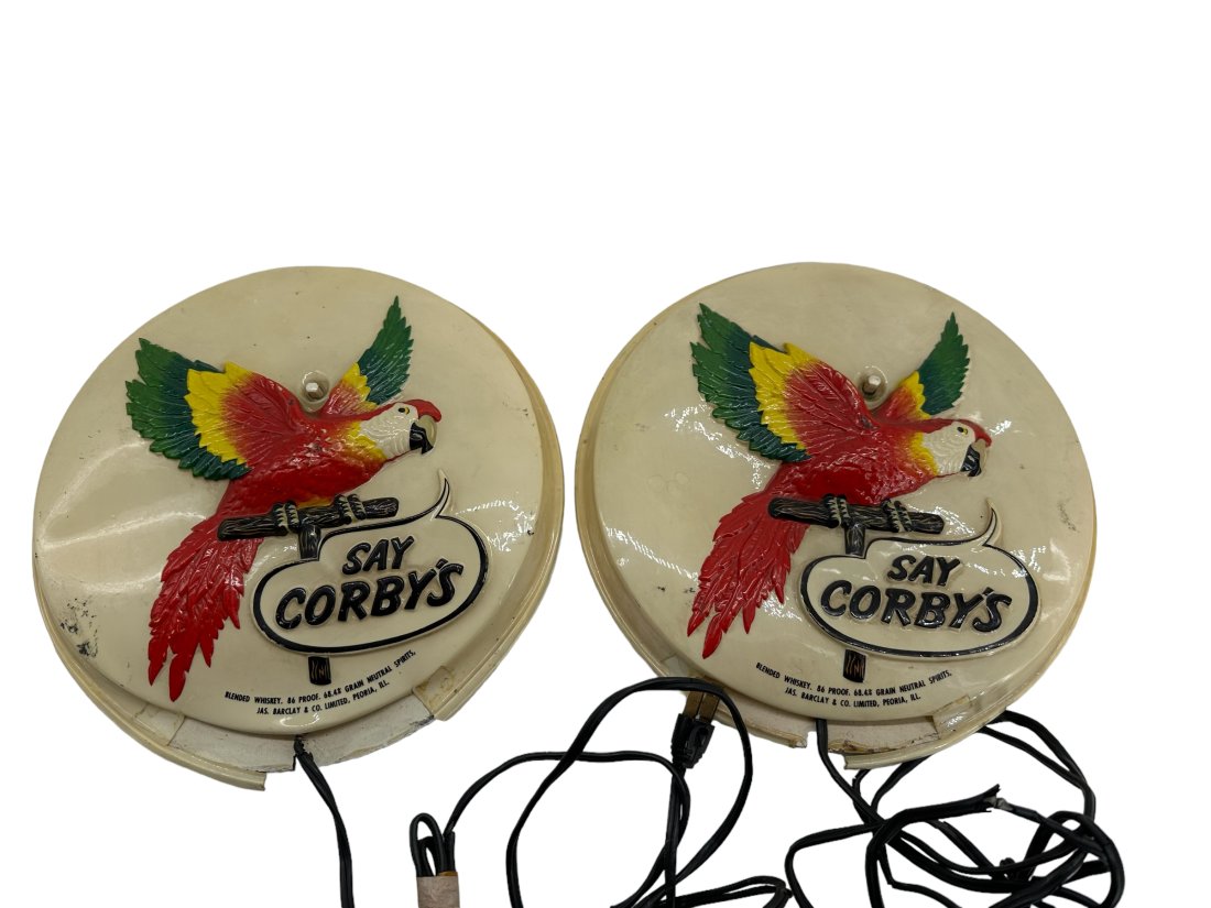 Pair Vintage "say Corby's" Whiskey Lighted Wall Plaque Display Sign Auction