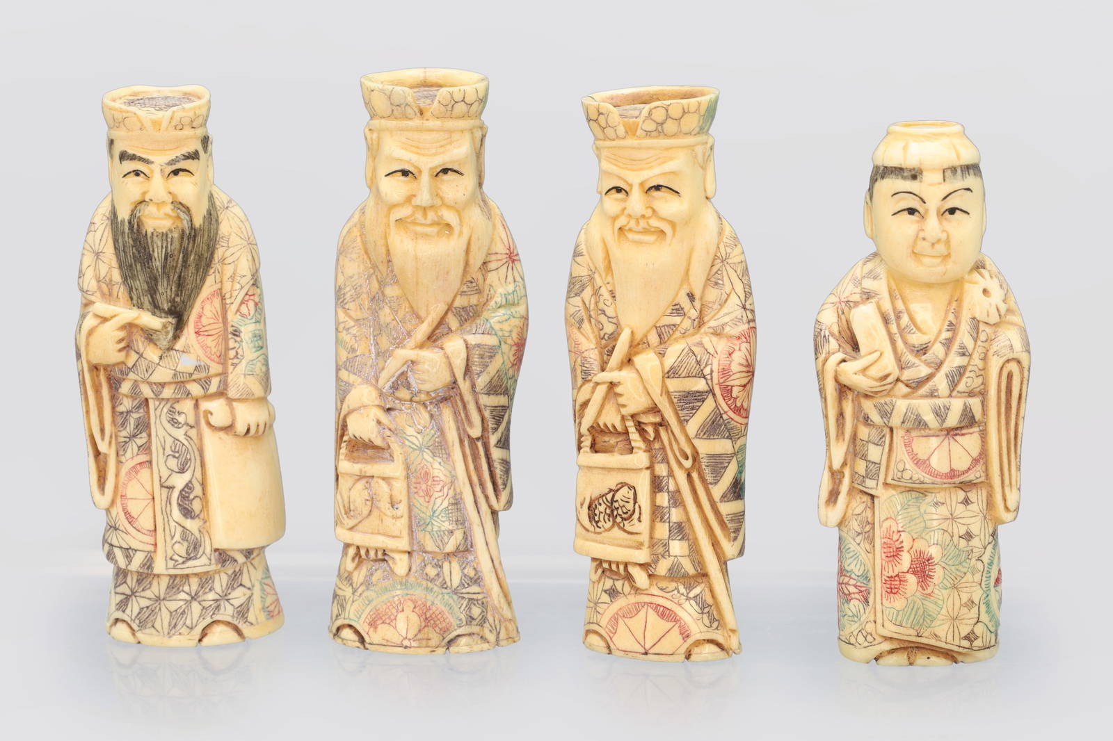 Group Of 4 Japanese Netsuke Figurines, Hand Carved Resin, With ...