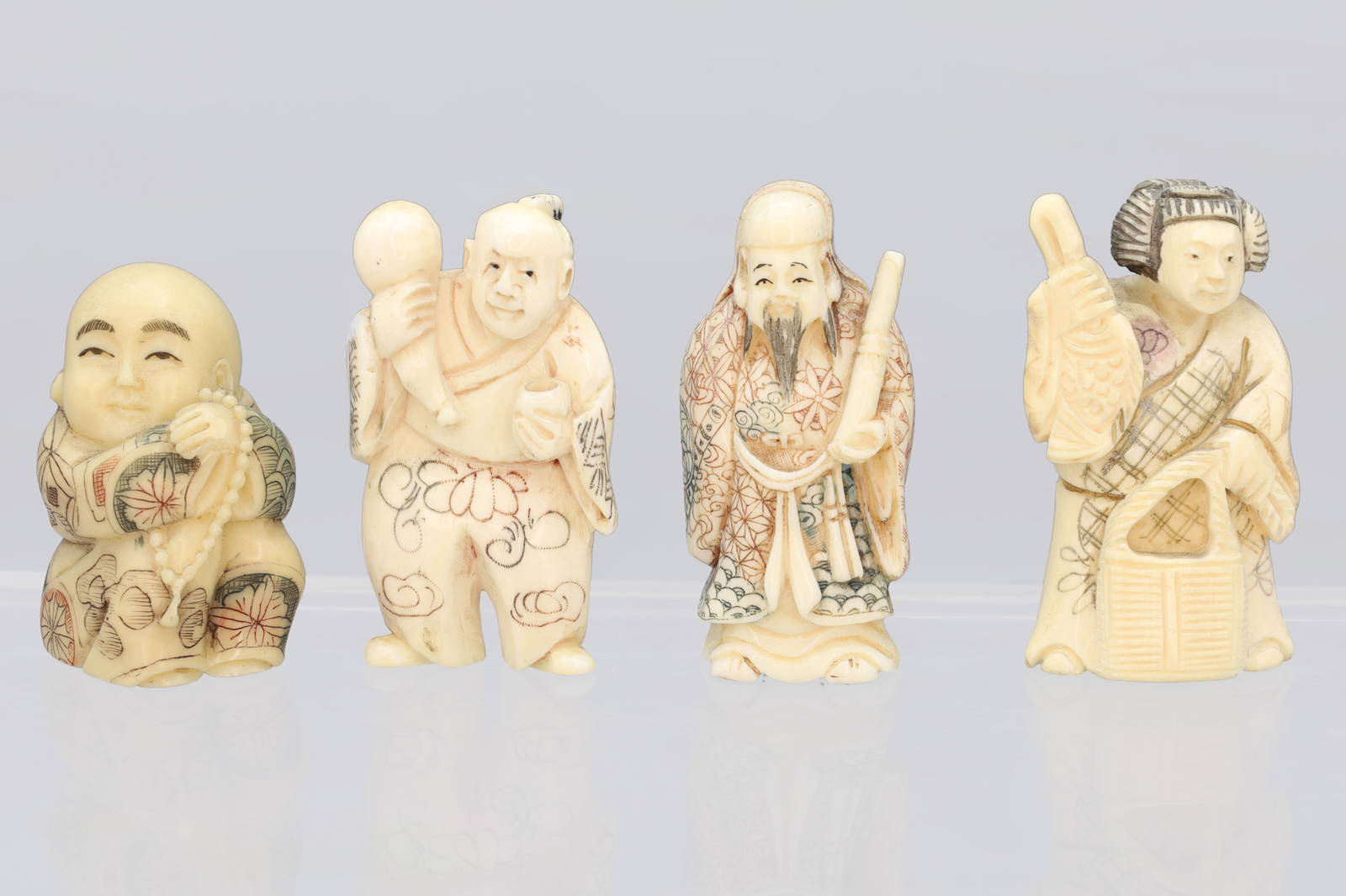 Group Of 4 Japanese Netsuke Figurines, Hand Carved Resin, With ...