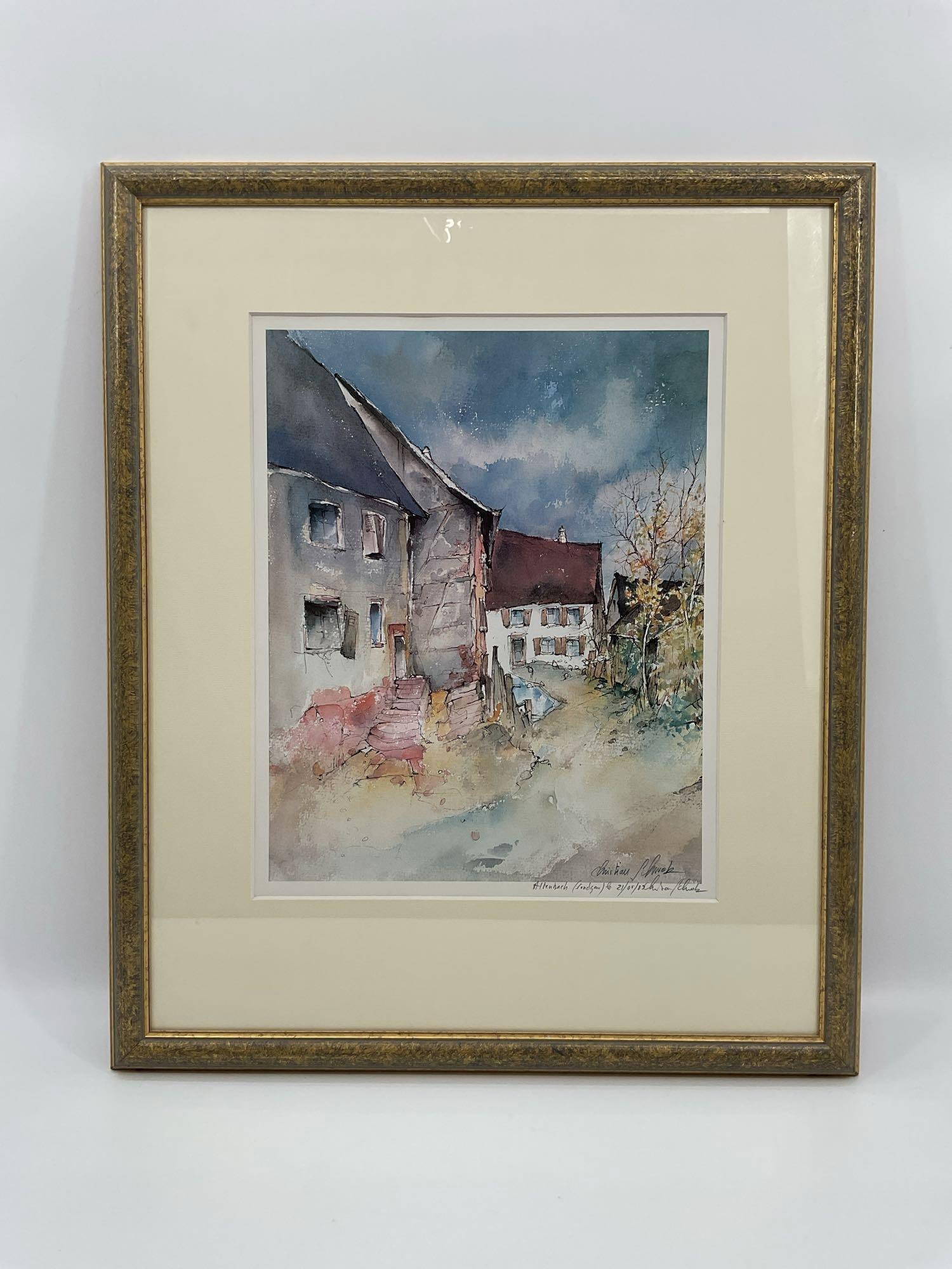 Village Street Scene By Christian Schwob (french, B.1954) Watercolor ...