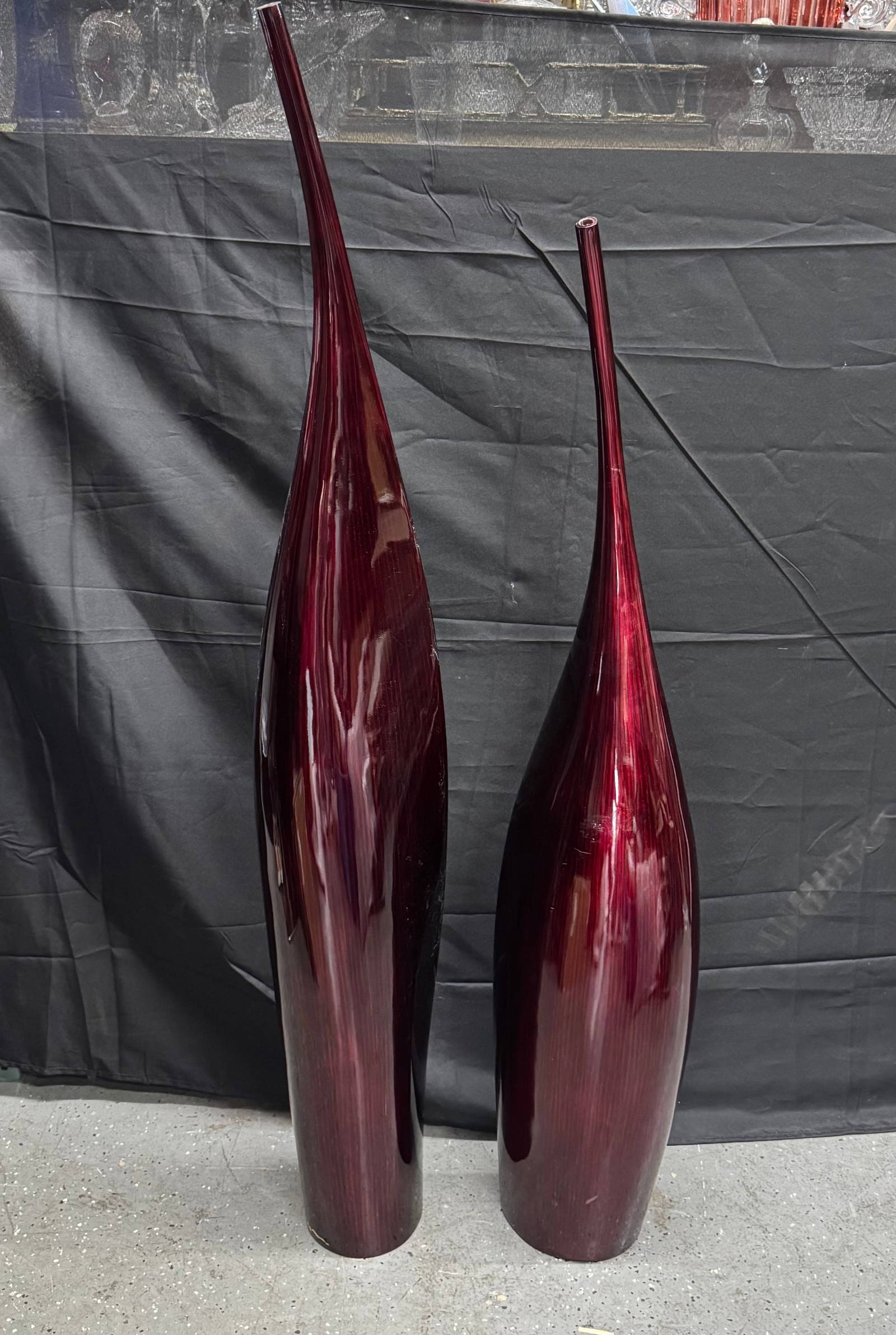 Pair Of Modern Red Lacquered Floor Vases, Artist Unknown Auction