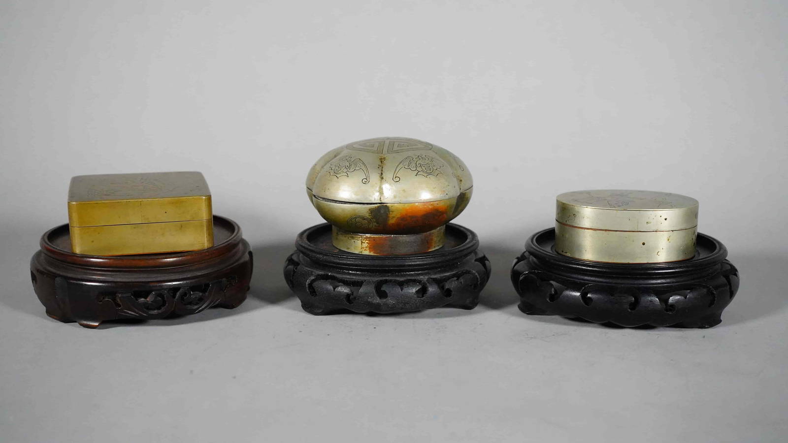 Two Antique Chinese White Copper & Brass Ink Boxes And One White Copper ...