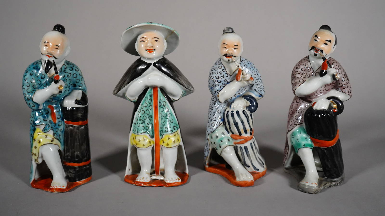 Four Antique Chinese Famille Rose Porcelain Fishman Figures Statue Auction