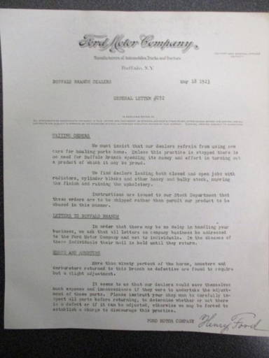 Henry Ford Signed General Letter On Ford Motor Company Letterhead