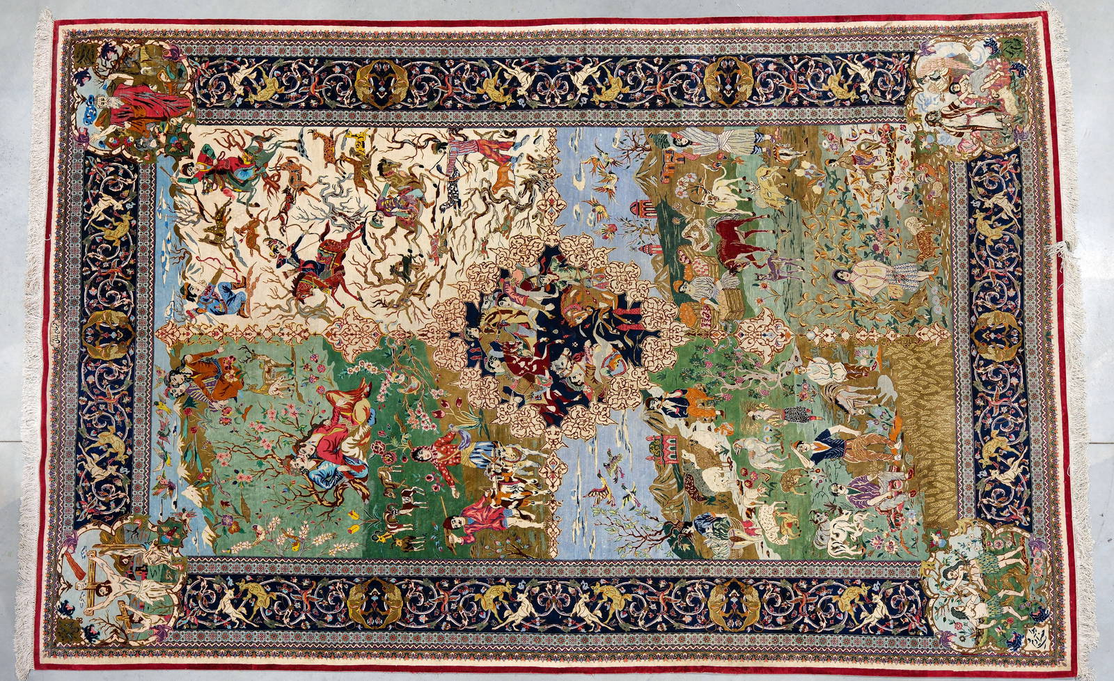 A Large And Fine Hand-knotted Persian Ghom Silk Carpet Richly Decorated ...