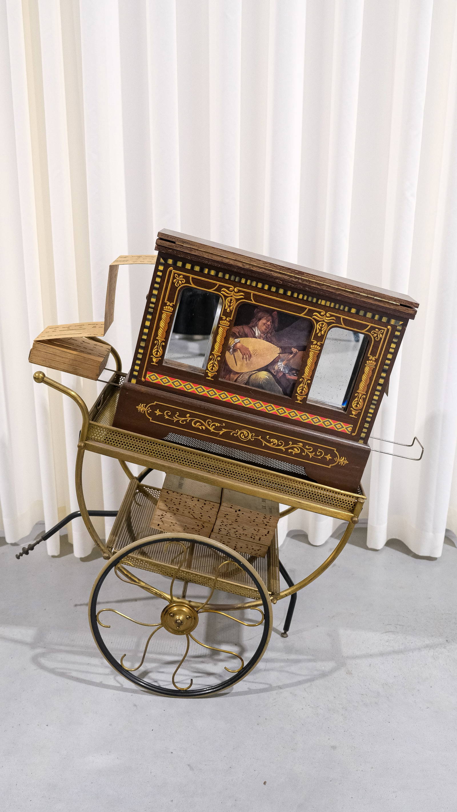 An Antique Two-part Music Organ Box On Pushcart With Six Music Card ...