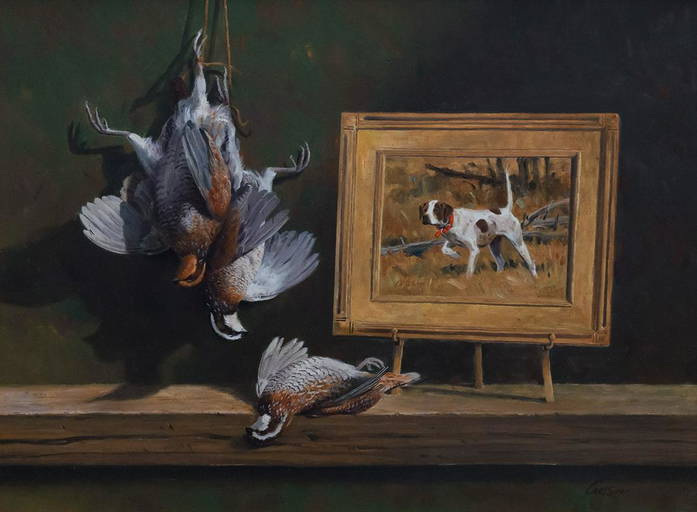 Ken Carlson (1937 ), Still Life Quail And Pointer