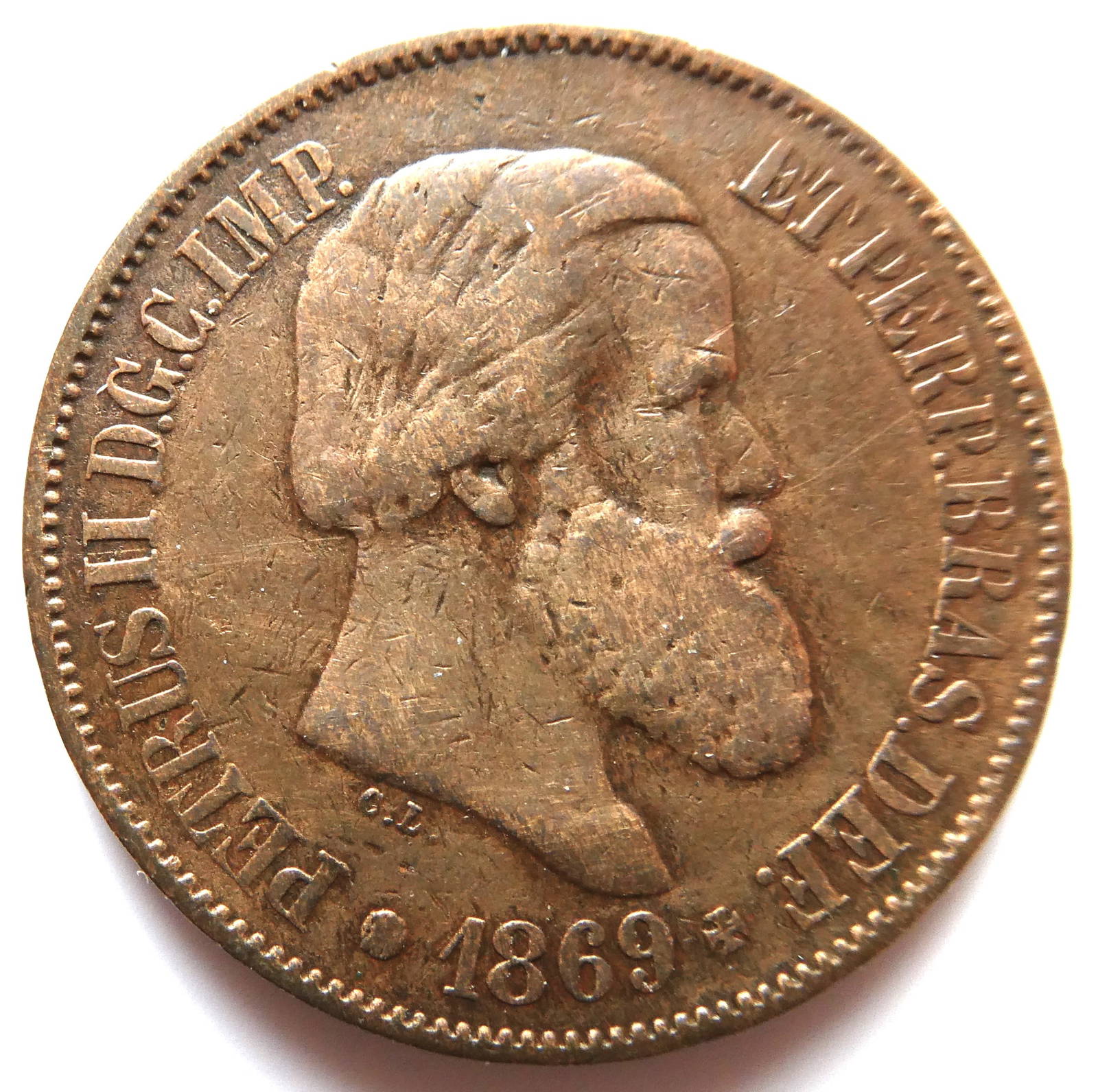1869 20 Reis Coin, Petrus Ii. Antique Brazil 20 Reis Coin Auction