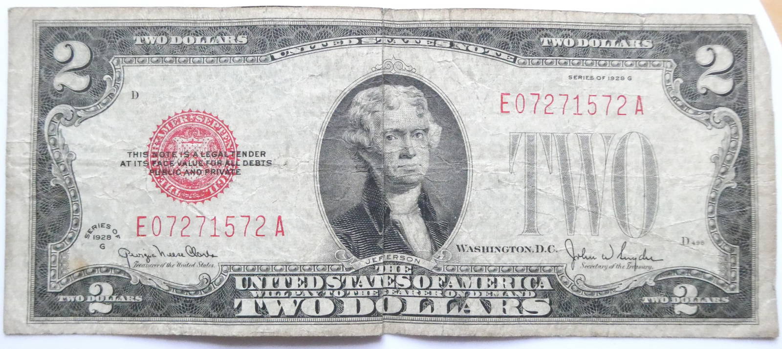 Us Two Dollar Bill Red Seal Series 1928-g Us Currency Auction